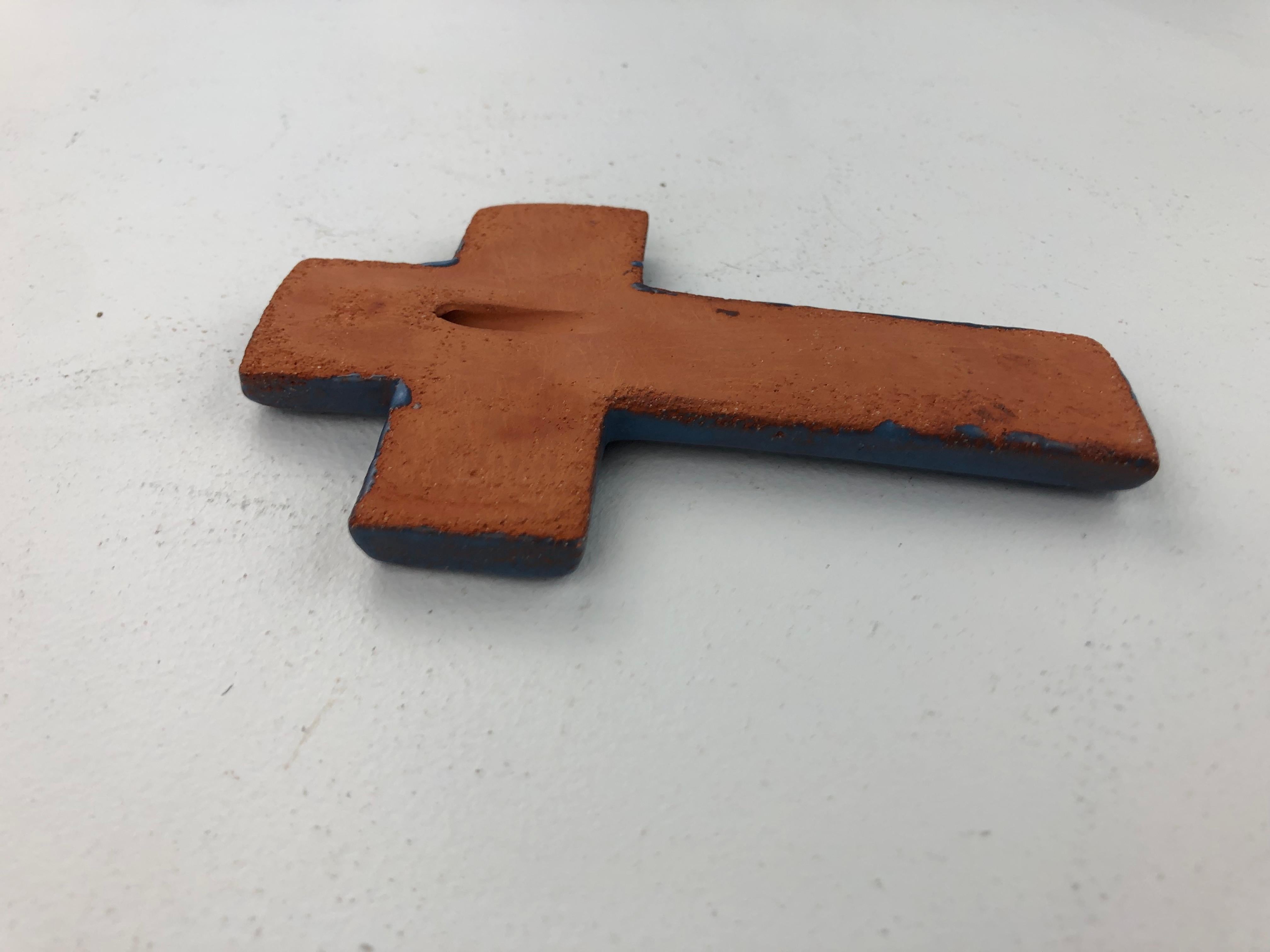 Blue Ceramic Cross with Abstract Line-Drawn Christ For Sale at 1stDibs