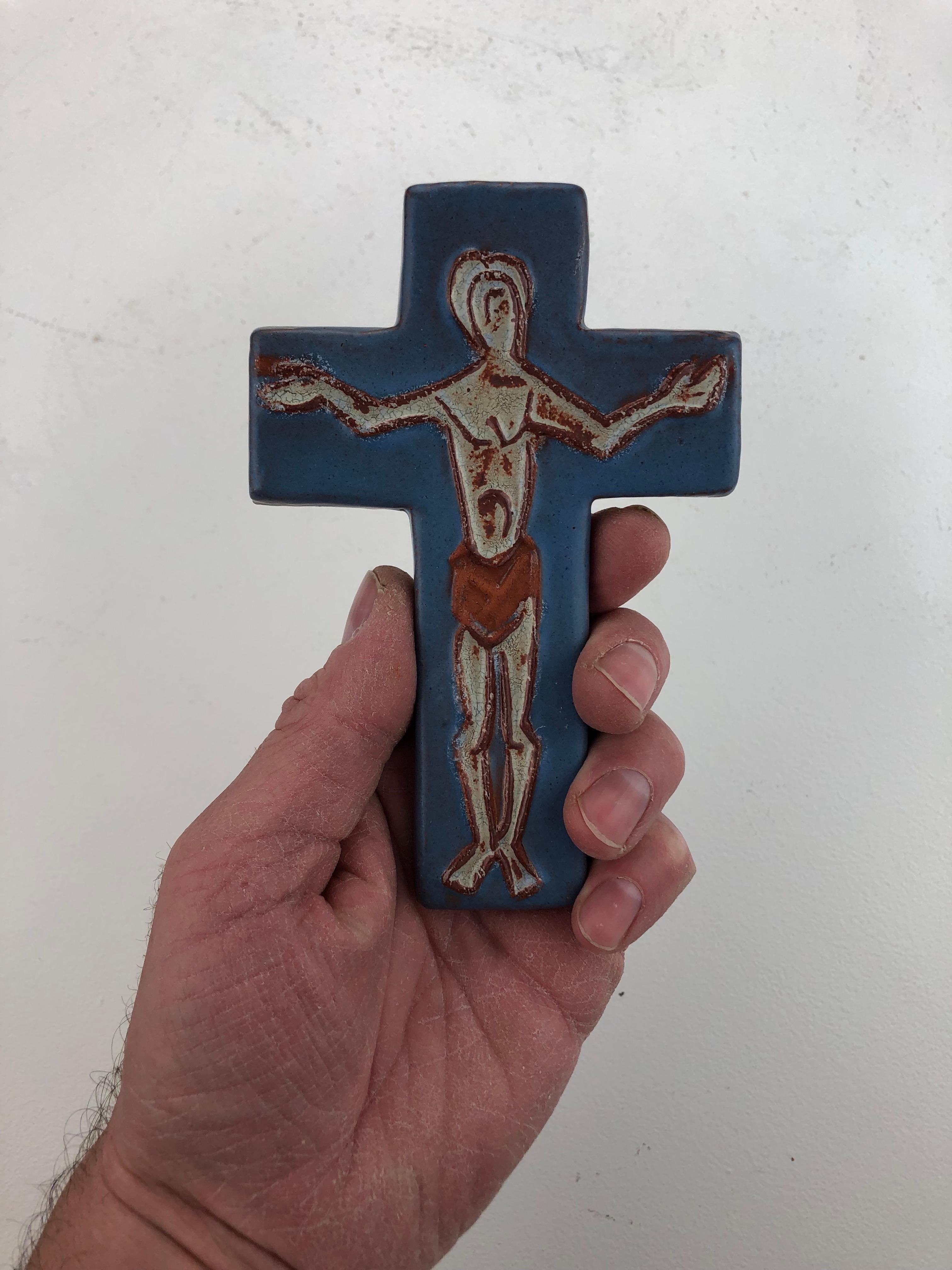 Blue Ceramic Cross with Abstract Line-Drawn Christ For Sale at 1stDibs