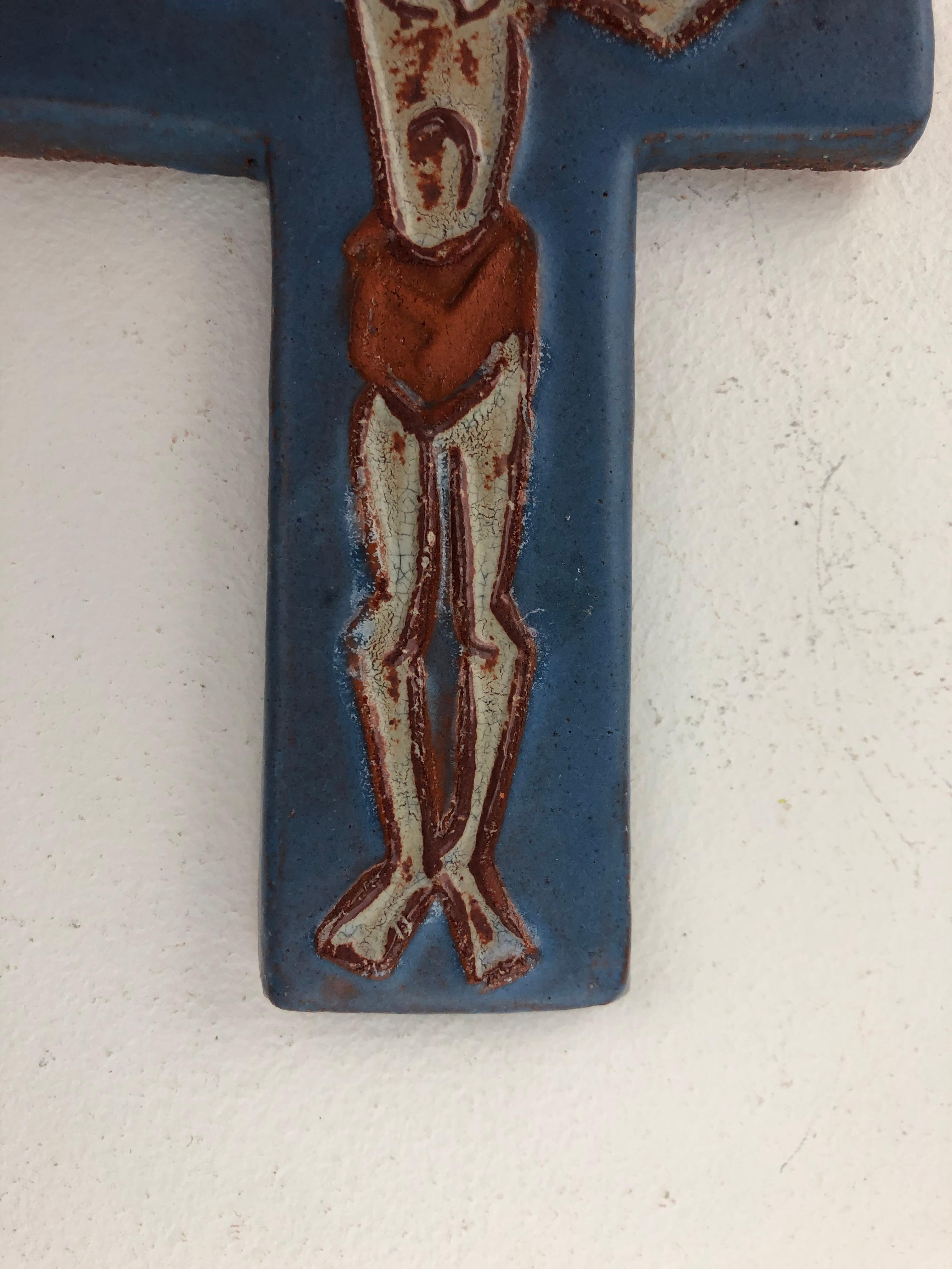 Blue Ceramic Cross with Abstract Line-Drawn Christ For Sale at 1stDibs