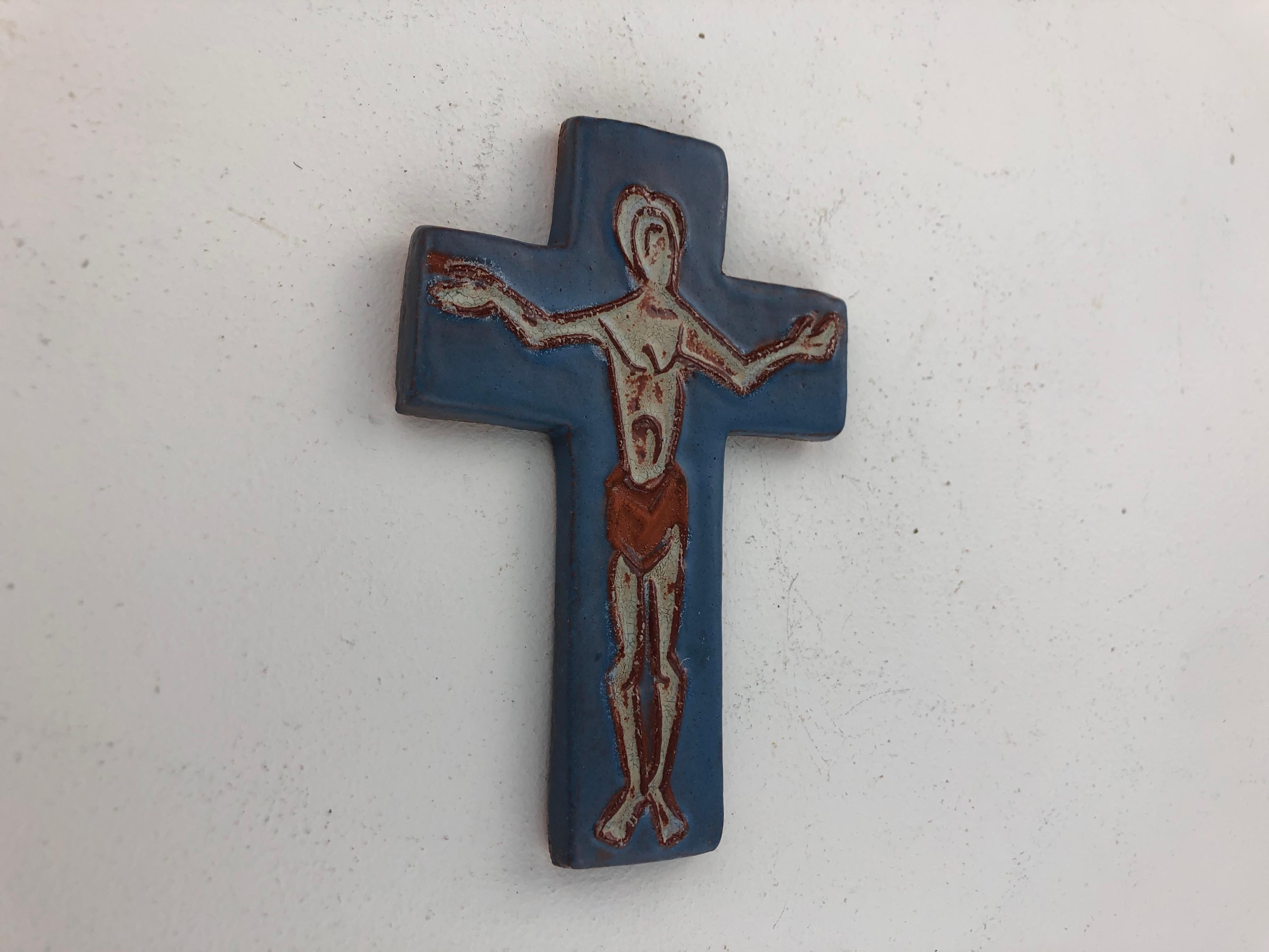 Blue Ceramic Cross with Abstract Line-Drawn Christ For Sale at 1stDibs