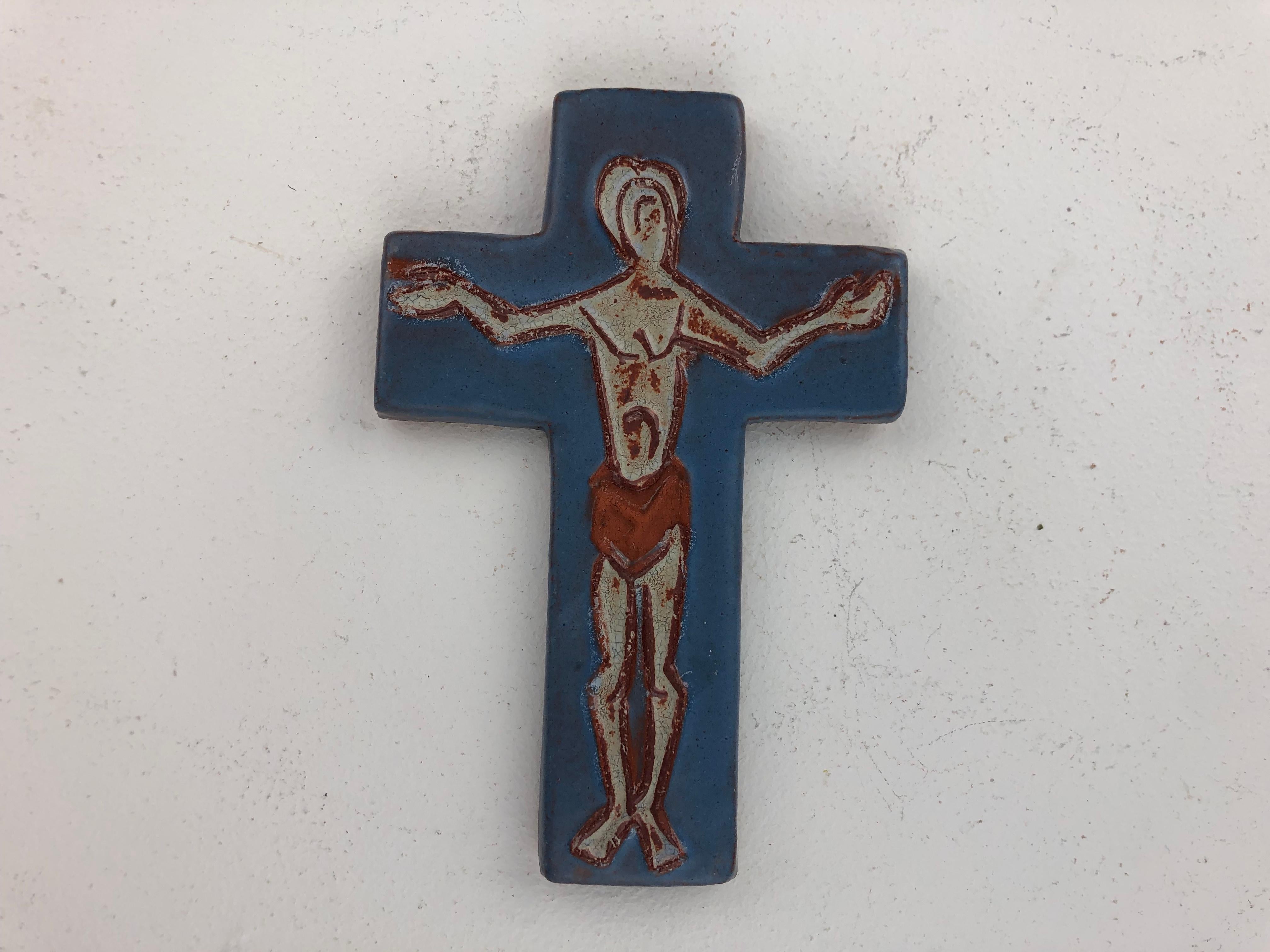Blue Ceramic Cross with Abstract Line-Drawn Christ For Sale at 1stDibs