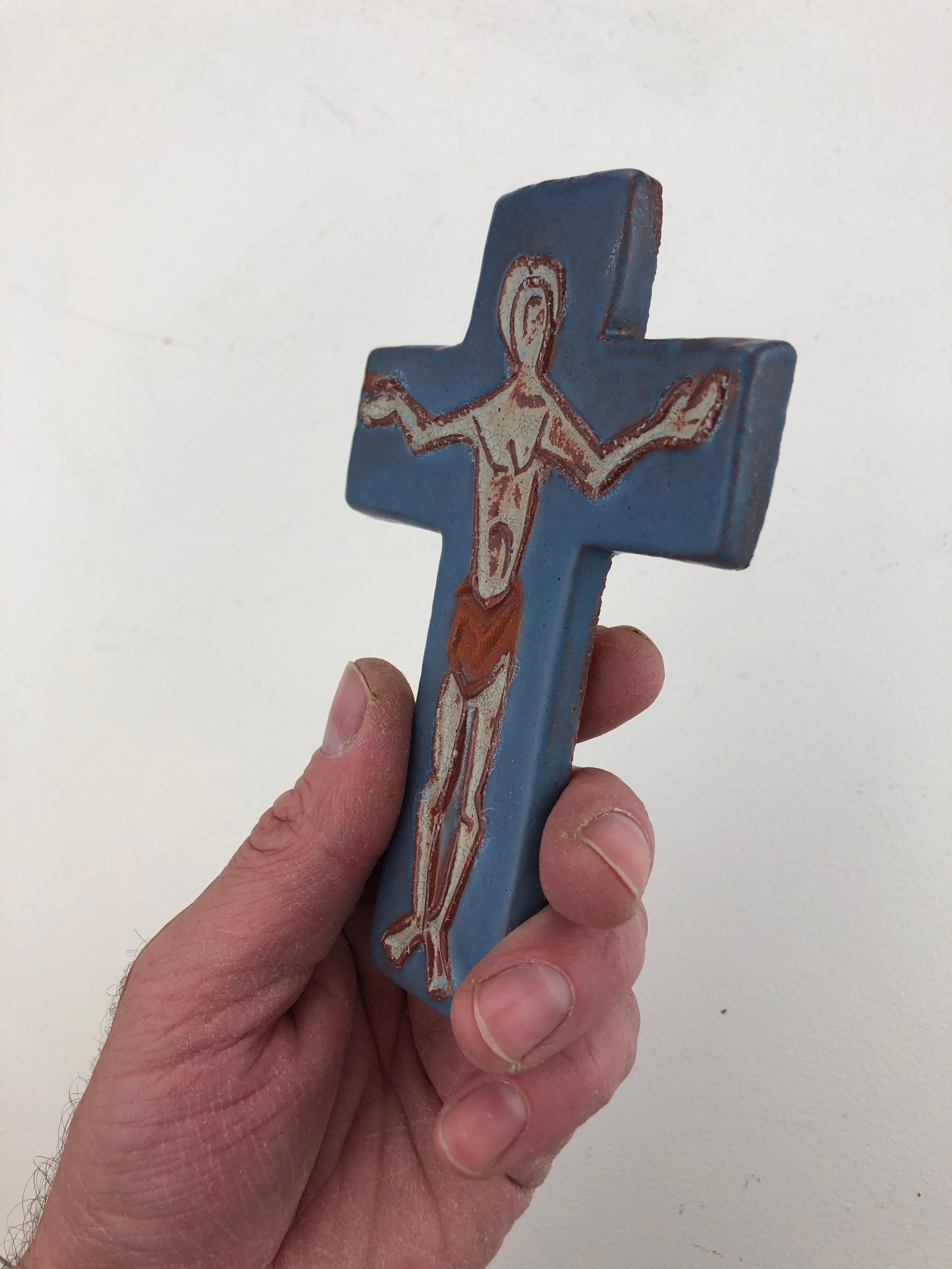 Blue Ceramic Cross with Abstract Line-Drawn Christ For Sale at 1stDibs