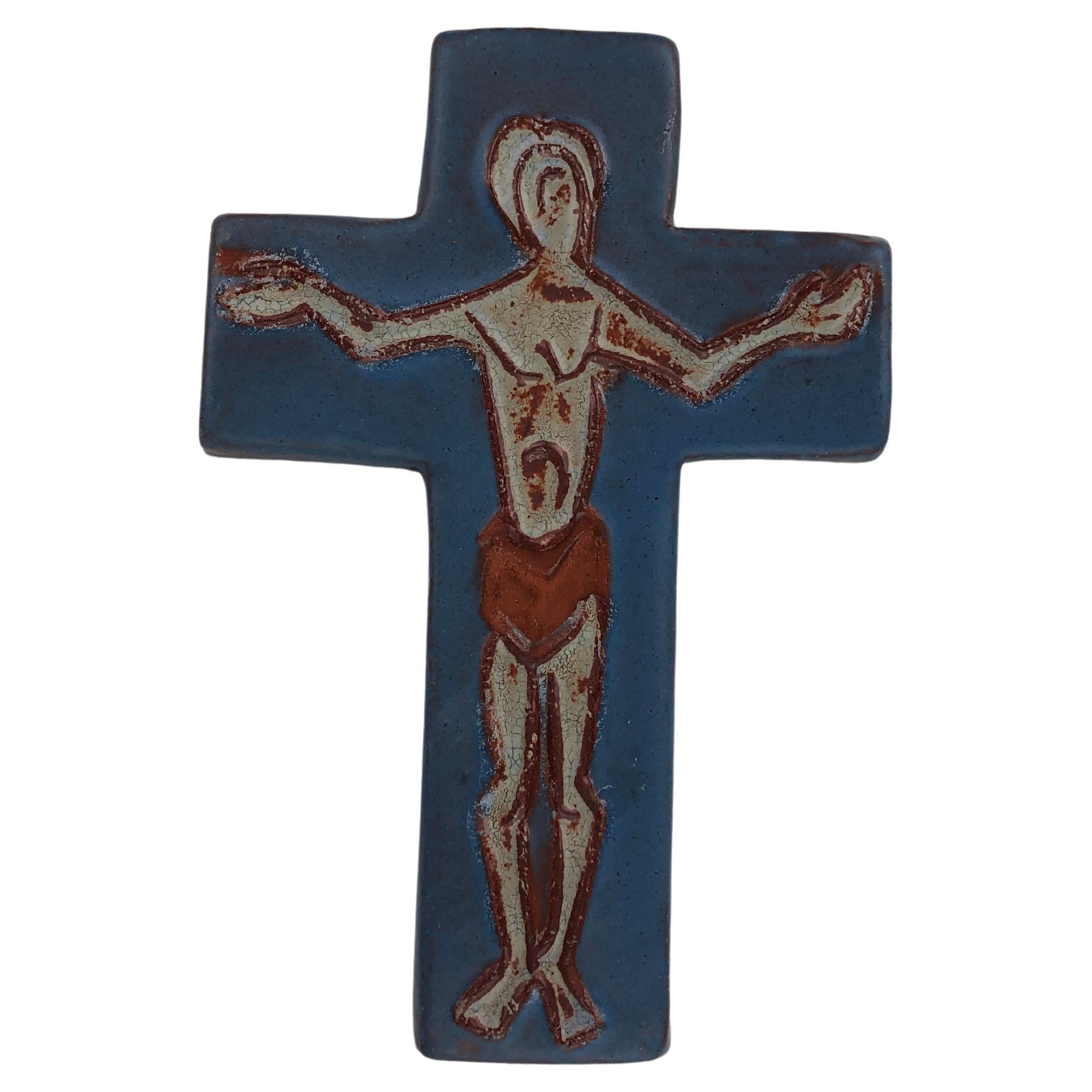 Blue Ceramic Cross with Abstract Line-Drawn Christ For Sale at 1stDibs