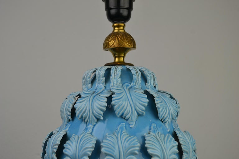 Blue Ceramic Manises Spain Table Lamp with Leaves, 1960s at 1stDibs
