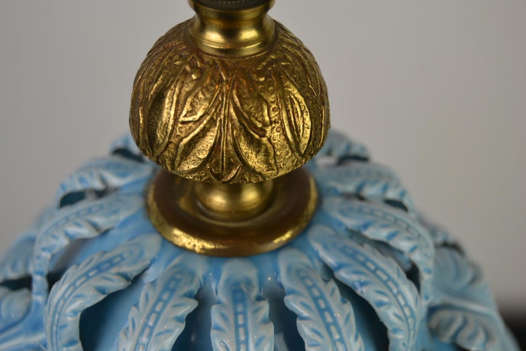 Blue Ceramic Manises Spain Table Lamp with Leaves, 1960s at 1stDibs