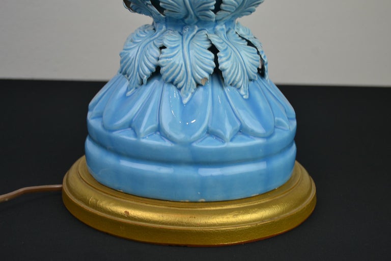 Blue Ceramic Manises Spain Table Lamp with Leaves, 1960s at 1stDibs