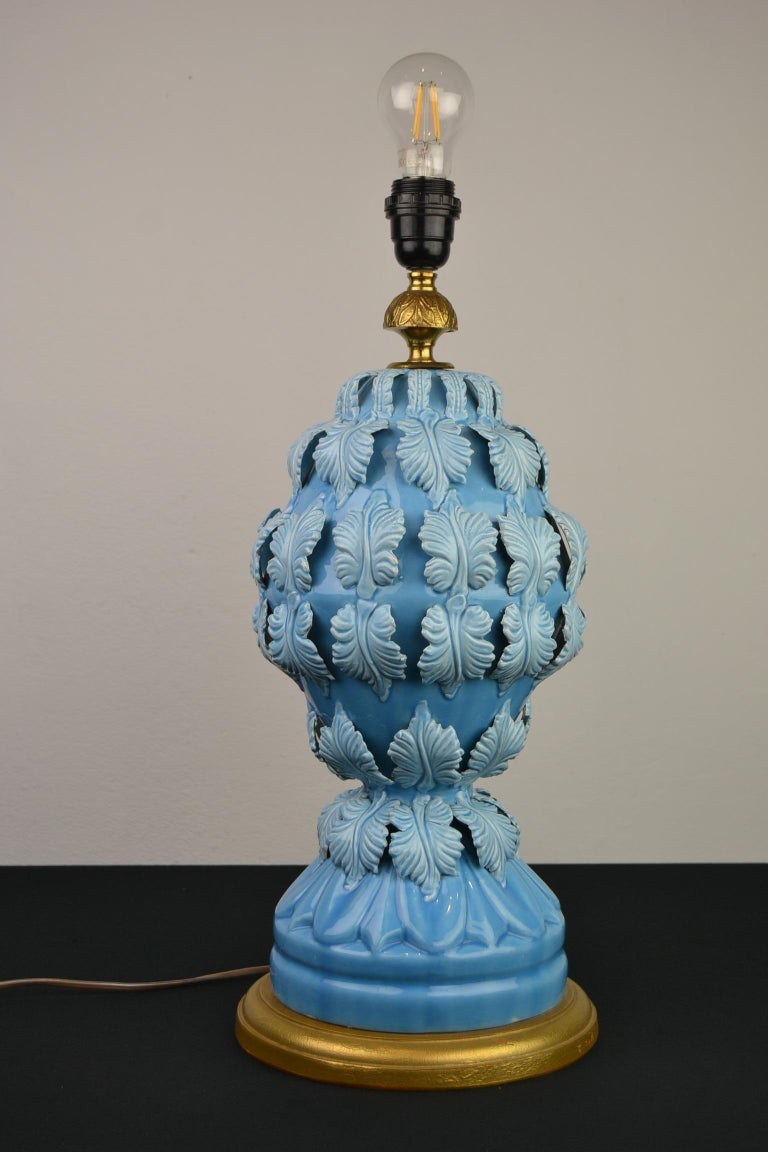 Blue Ceramic Manises Spain Table Lamp with Leaves, 1960s at 1stDibs
