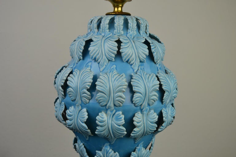 Blue Ceramic Manises Spain Table Lamp with Leaves, 1960s at 1stDibs