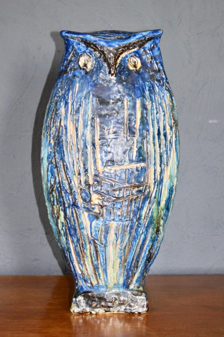 Blue Ceramic Owl Signed below For Sale at 1stDibs