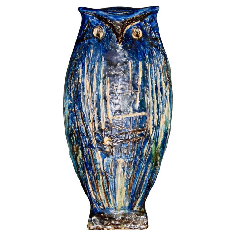 Blue Ceramic Owl Signed below For Sale at 1stDibs