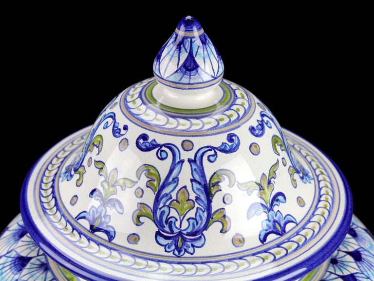 Blue Ceramic Potiche Centerpiece Vase Lid Majolica Hand Painted Deruta ...