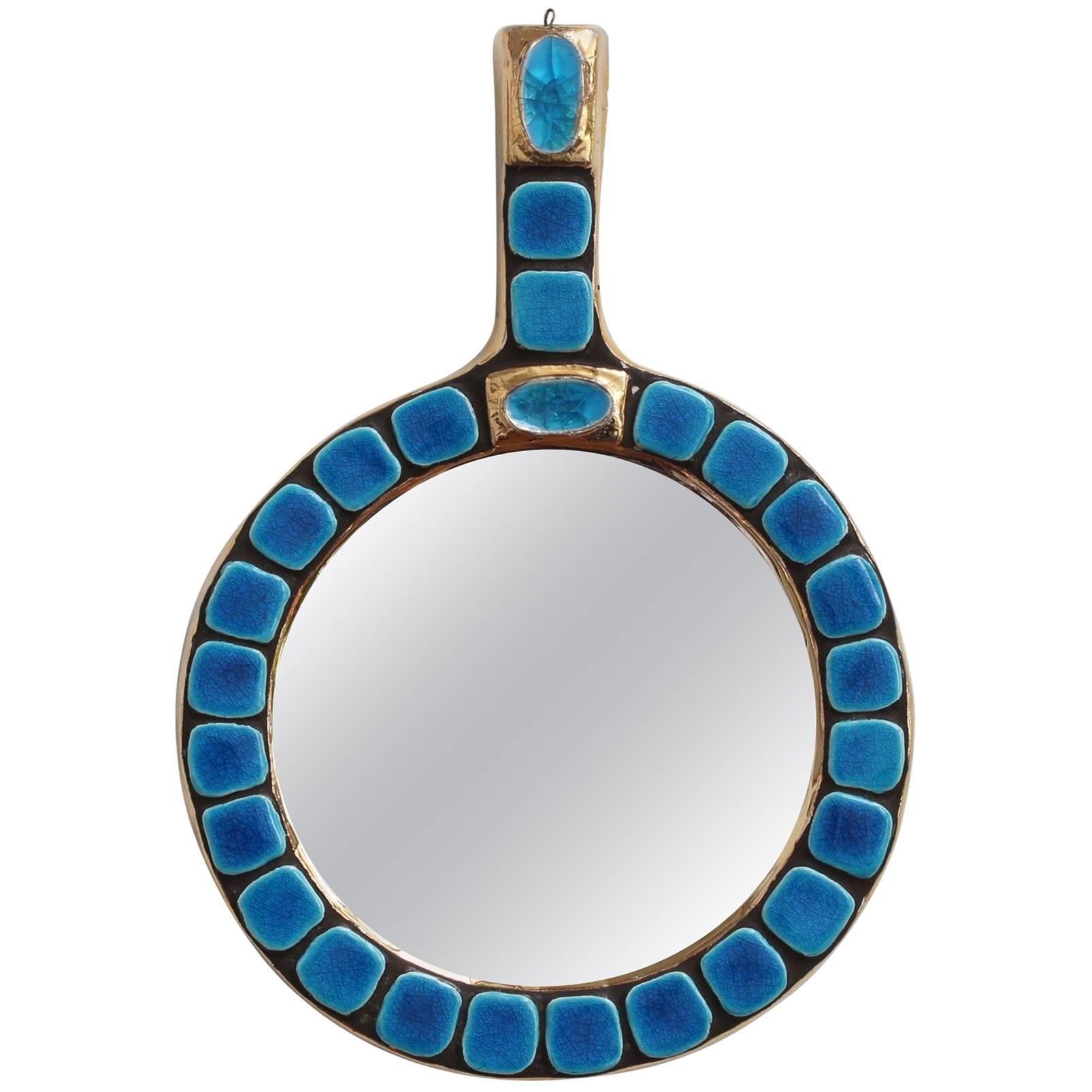 Blue Ceramic Tiled Hand Mirror by Mithé Espelt, circa 1970s at 1stDibs