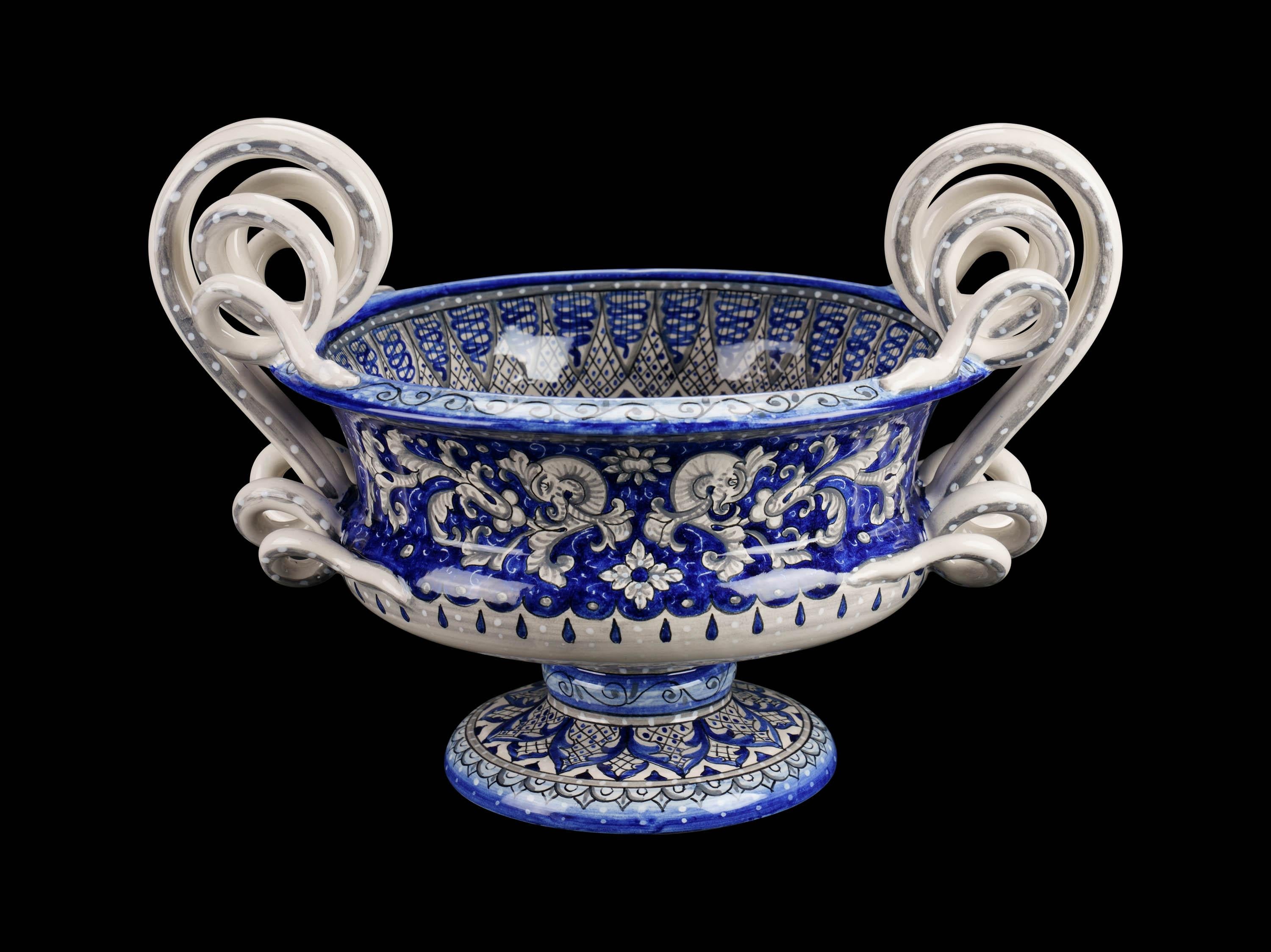 Blue Ceramic Vase Bowl Snake Handle Handpainted Majolica Centerpiece ...