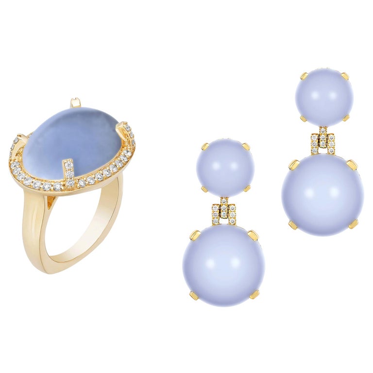 Goshwara Blue Chalcedony Cabochon With Diamond Ring And Earrings For ...