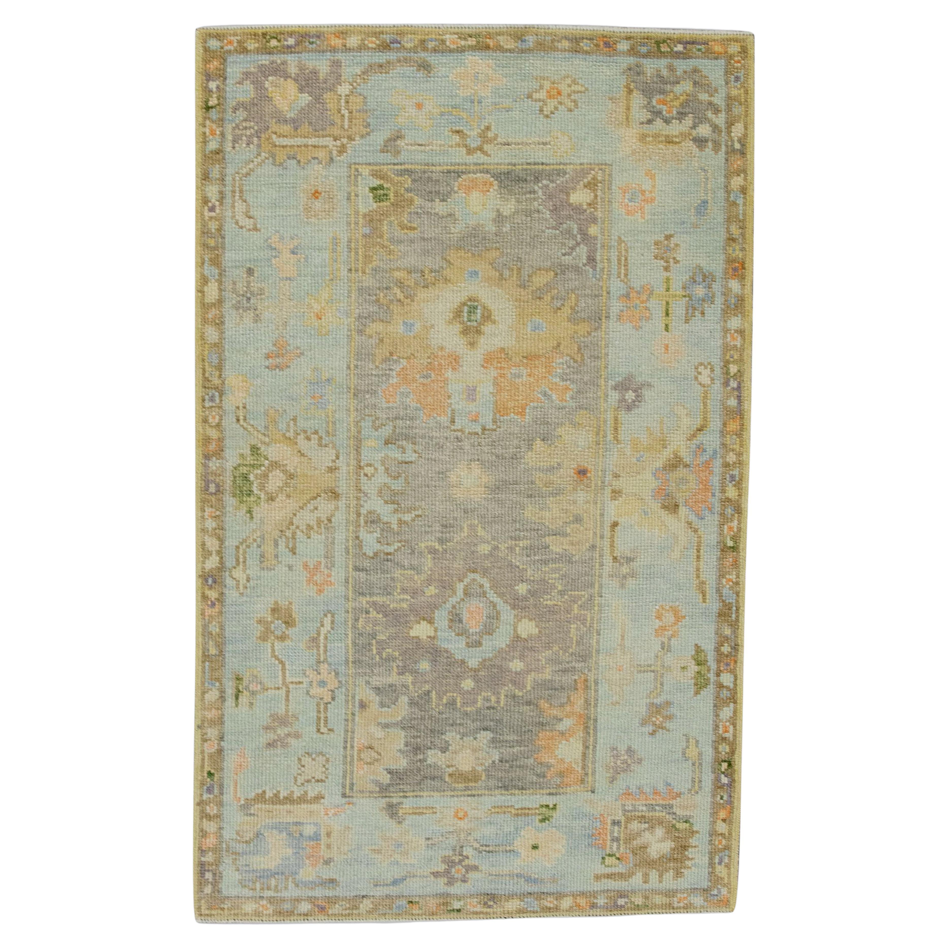 Blue Colorful Floral Design Handwoven Wool Square Turkish Oushak Rug 10 ...