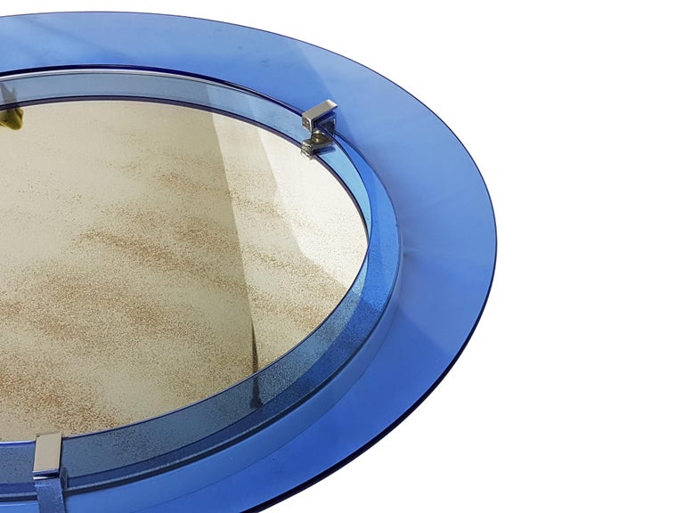 Miroir rond en verre convexe bleu et métal chromé par Veca En vente sur ...