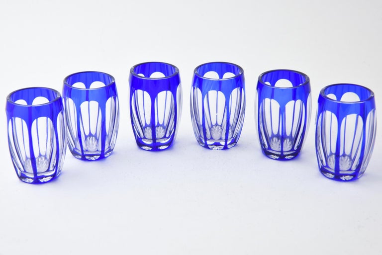 Blue Cut to Clear Art Glass Cordial Decanter Set with 2 Decanters and 6 ...