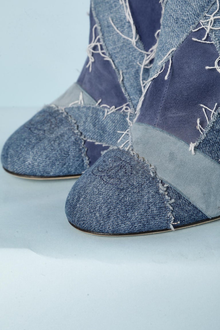 Blue denim and suede patchwork boots Chanel at 1stDibs