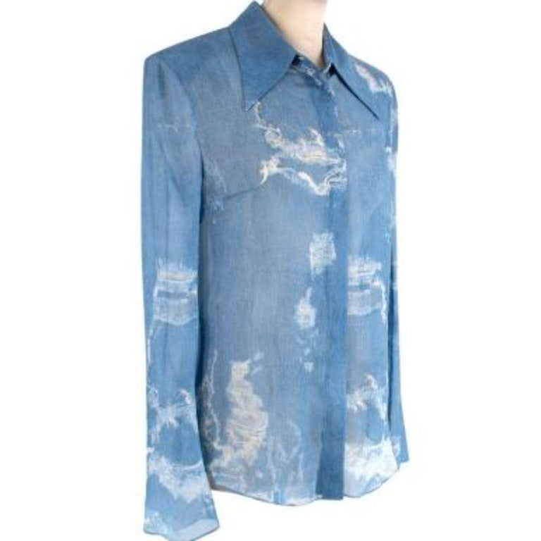 Blue denim print chiffon blouse For Sale at 1stDibs