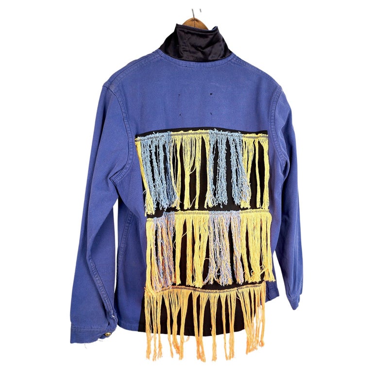 Blue Distressed Jacket Back Neon Fringes French Work Wear Glitter ...