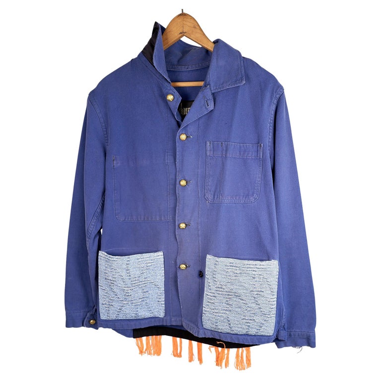 Blue Distressed Jacket Back Neon Fringes French Work Wear Glitter ...
