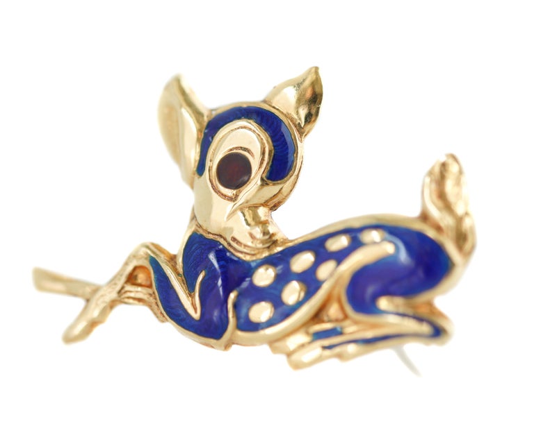 Blue Enamel and 18 Karat Yellow Gold Fawn Deer Brooch For Sale at 1stDibs
