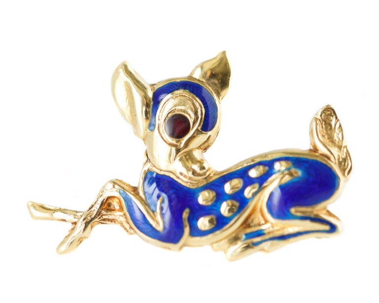 Blue Enamel and 18 Karat Yellow Gold Fawn Deer Brooch For Sale at 1stDibs