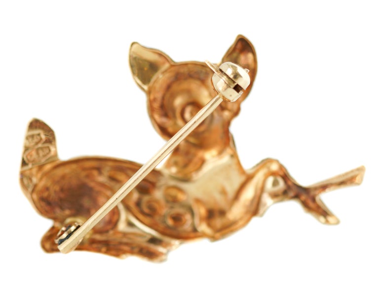 Blue Enamel and 18 Karat Yellow Gold Fawn Deer Brooch For Sale at 1stDibs