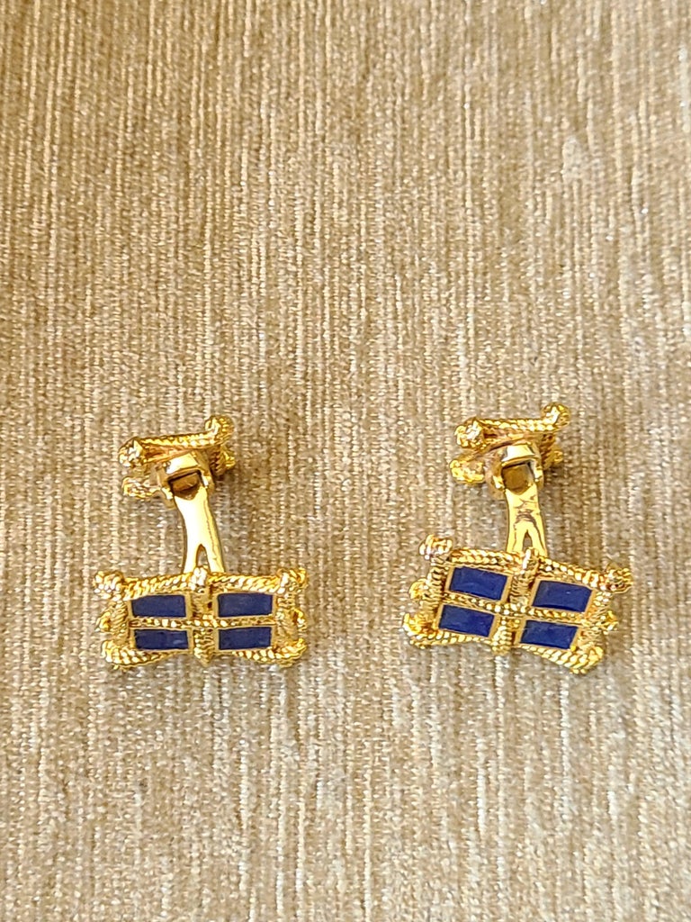Blue Enamel Cufflinks Set in 14 Karat Gold For Sale at 1stDibs