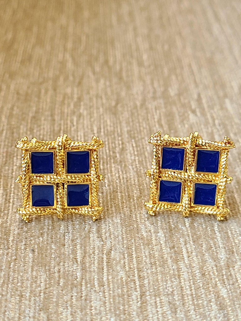 Blue Enamel Cufflinks Set in 14 Karat Gold For Sale at 1stDibs