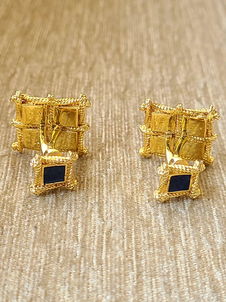 Blue Enamel Cufflinks Set in 14 Karat Gold For Sale at 1stDibs