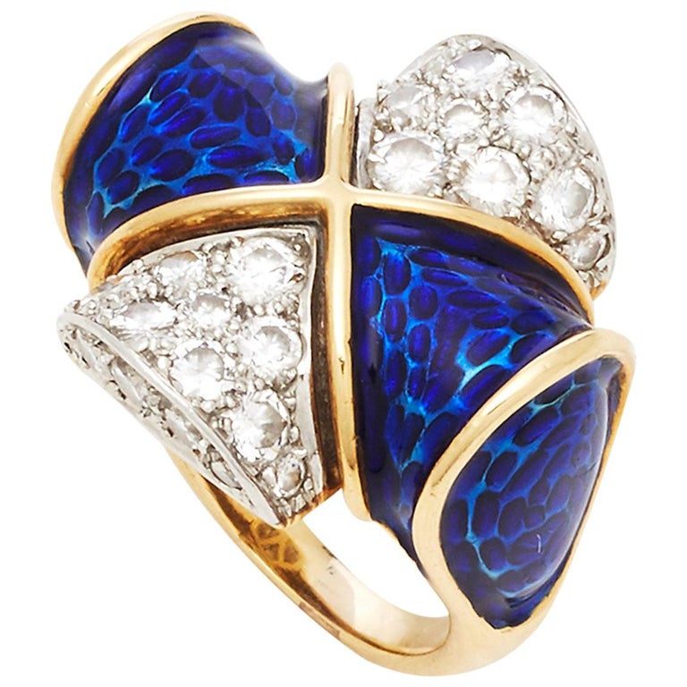 Blue Enamel Diamond Ring at 1stDibs