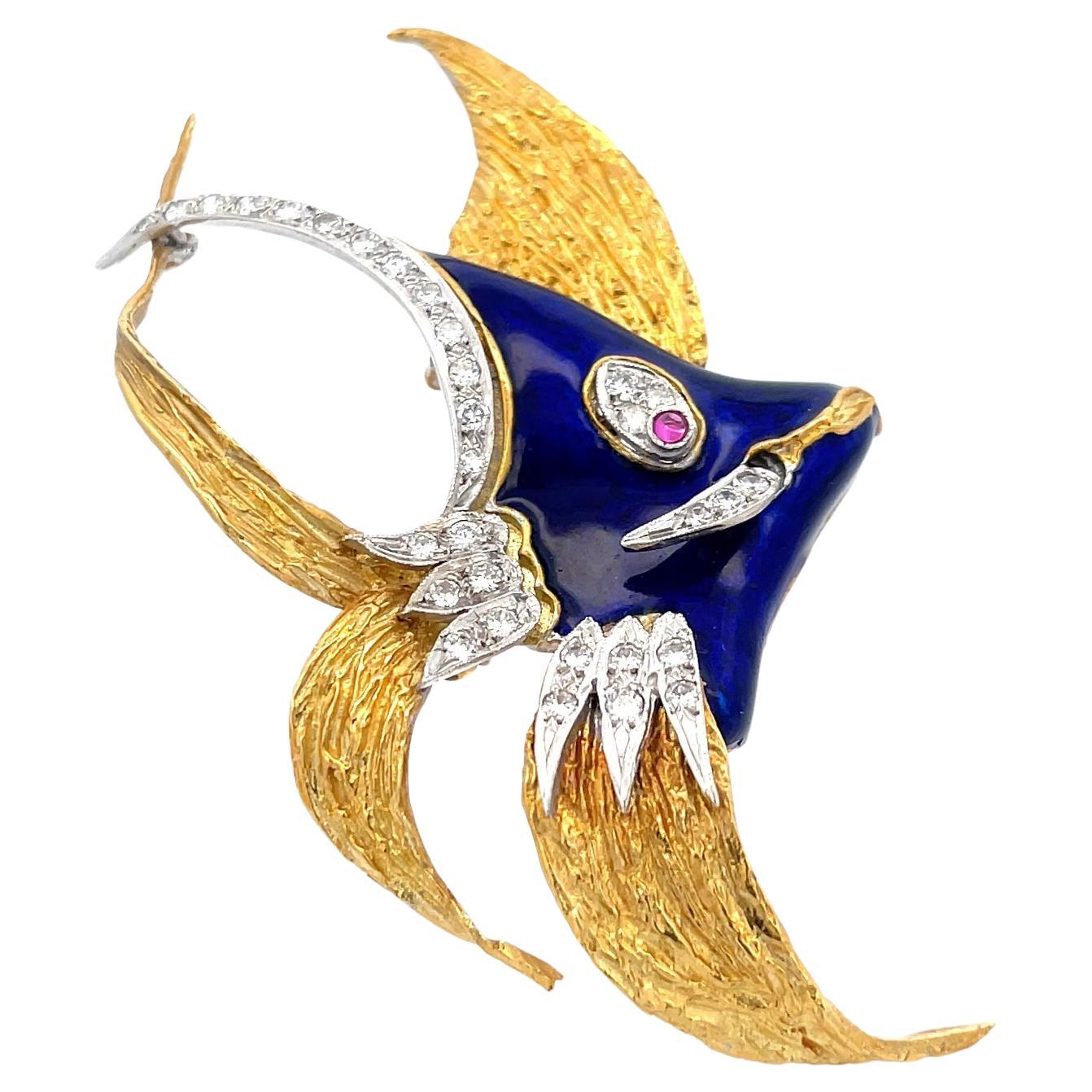 Blue Enamel Fish Brooch 18K Yellow and White Gold For Sale at 1stDibs