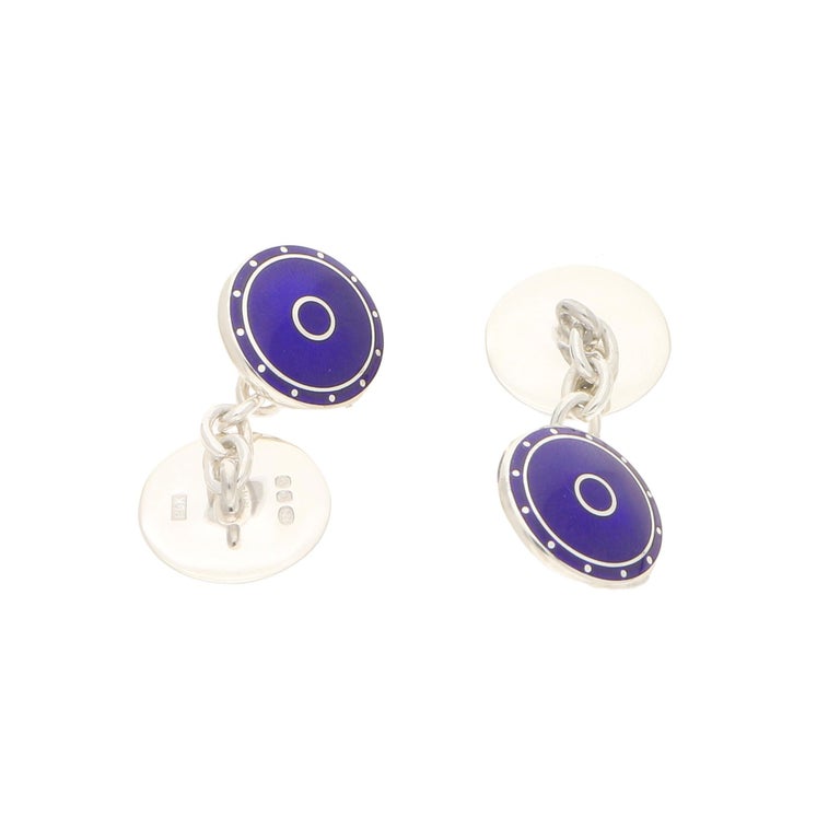 Blue Enamel Round Chain Link Cuff-links in Sterling Silver For Sale at ...