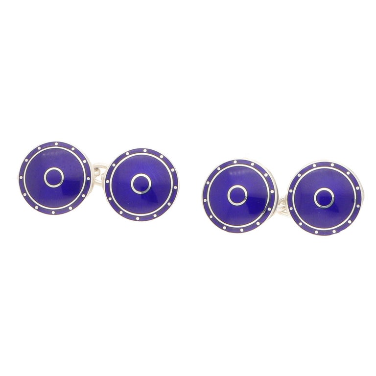 Blue Enamel Round Chain Link Cuff-links in Sterling Silver For Sale at ...