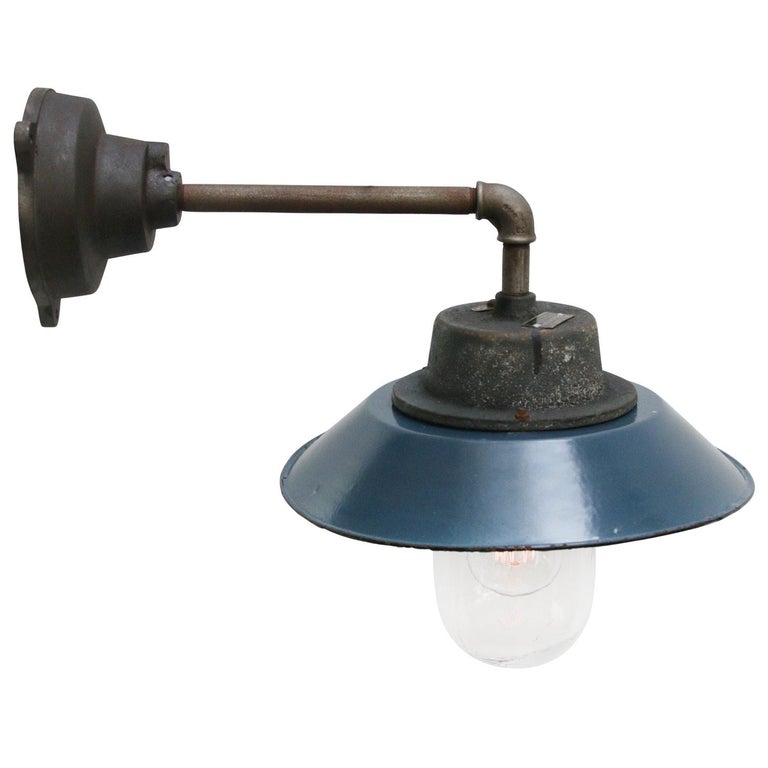 Blue Enamel Vintage Industrial Clear Glass Scone Wall Light at 1stDibs