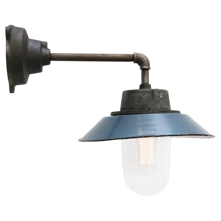 Blue Enamel Vintage Industrial Clear Glass Scone Wall Light at 1stDibs