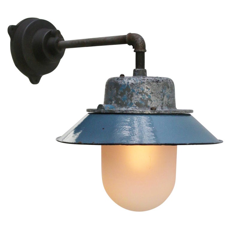 Blue Enamel Vintage Industrial Frosted Glass Scone Wall Light at 1stDibs