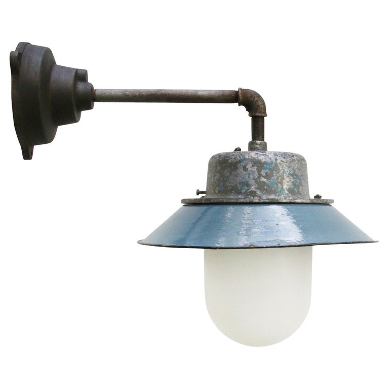 Blue Enamel Vintage Industrial Frosted Glass Scone Wall Light at 1stDibs