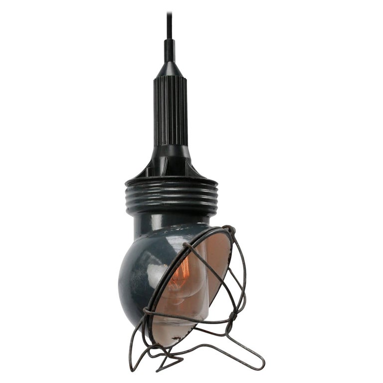 Blue Enamel Vintage Industrial Metal Cage Work Lights at 1stDibs