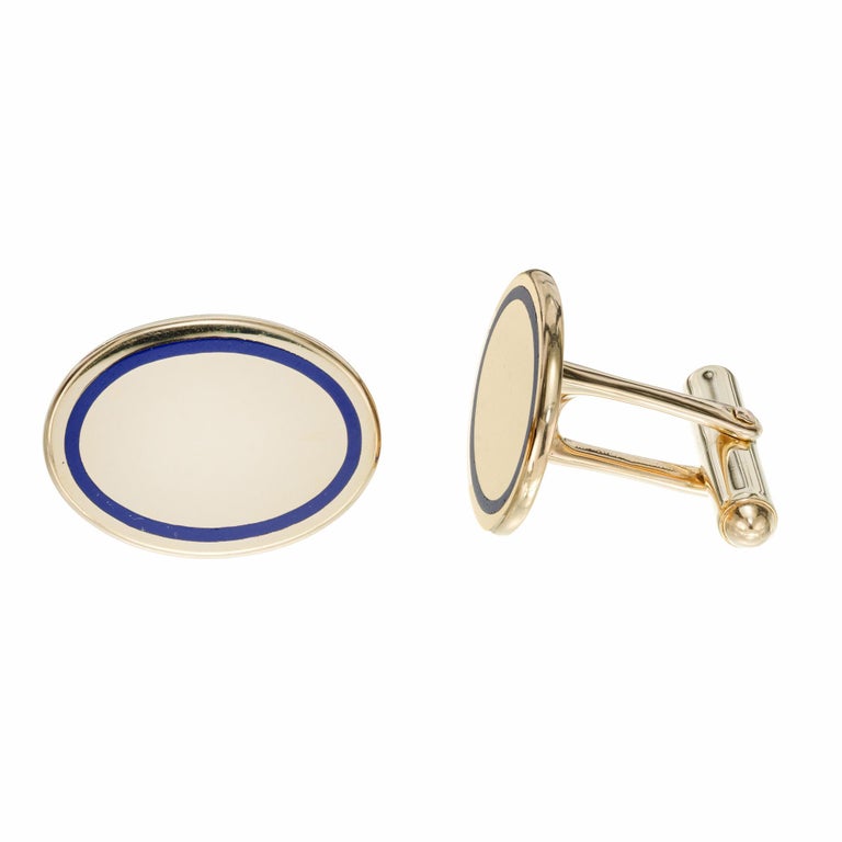 Blue Enamel Yellow Gold Oval Mens Cufflinks For Sale at 1stDibs