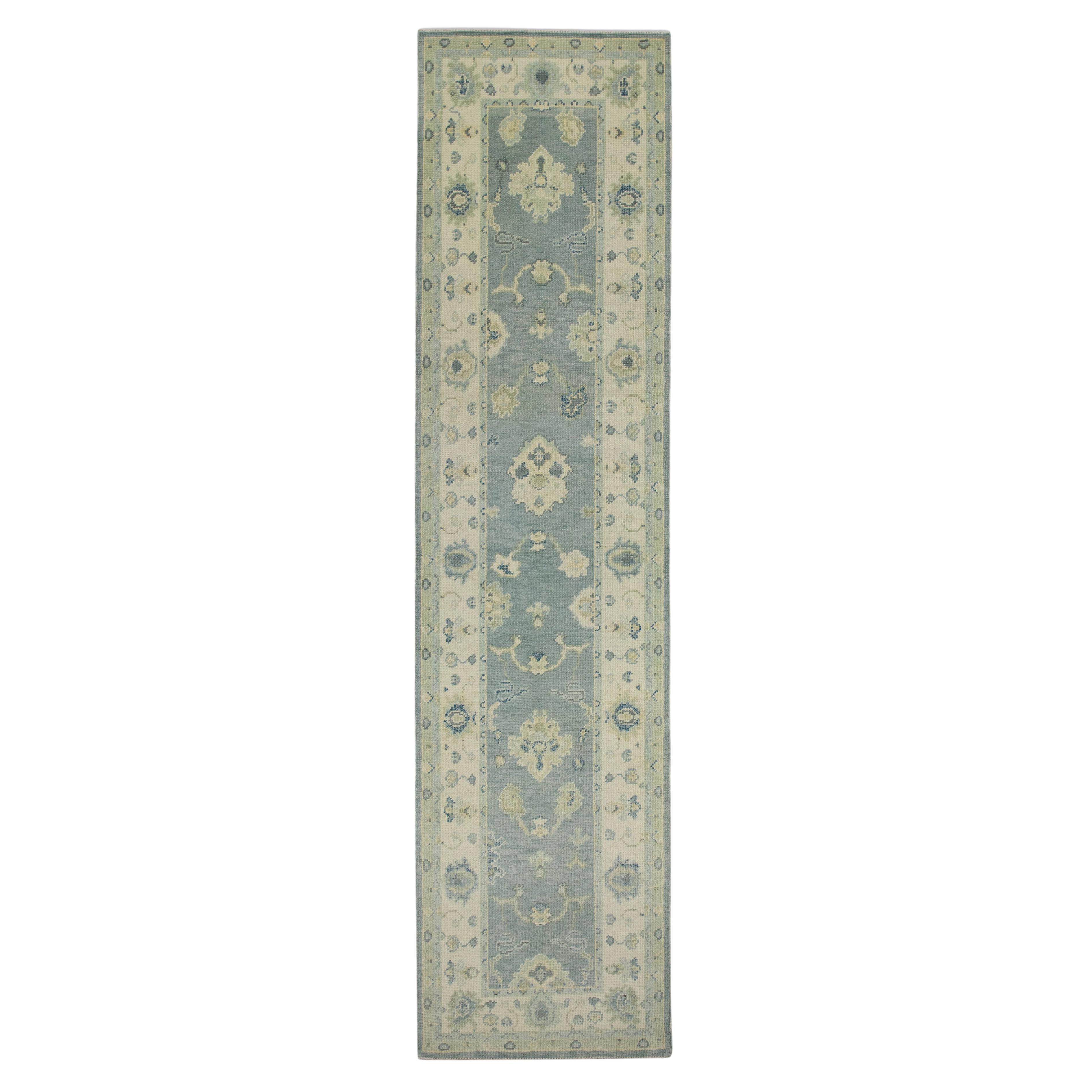 Blue Floral Design Handwoven Wool Turkish Oushak Runner For Sale at 1stDibs