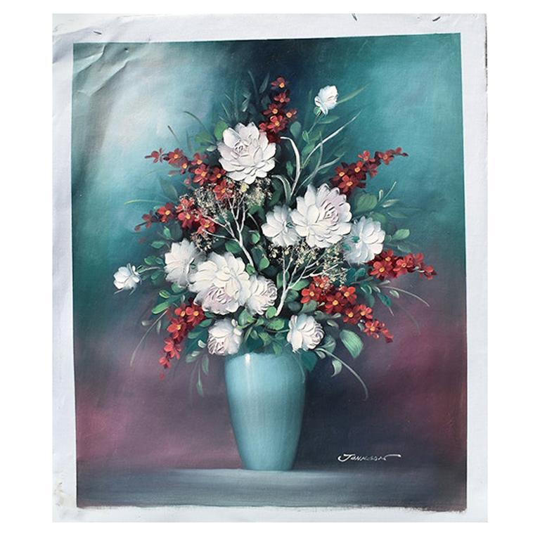 Large Scale Floral Still Life Oil Painting on Canvas of Flowers in Vase ...