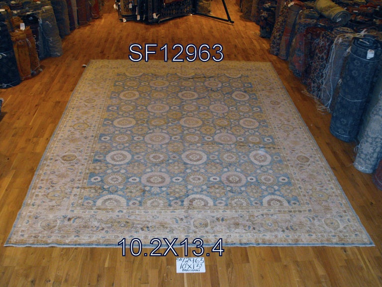 Blue Floral Wool Area Rug with Pink and Gold For Sale at 1stDibs