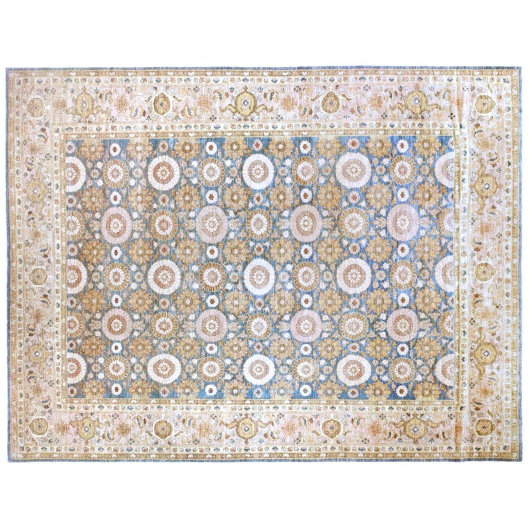 Blue Floral Wool Area Rug with Pink and Gold For Sale at 1stDibs