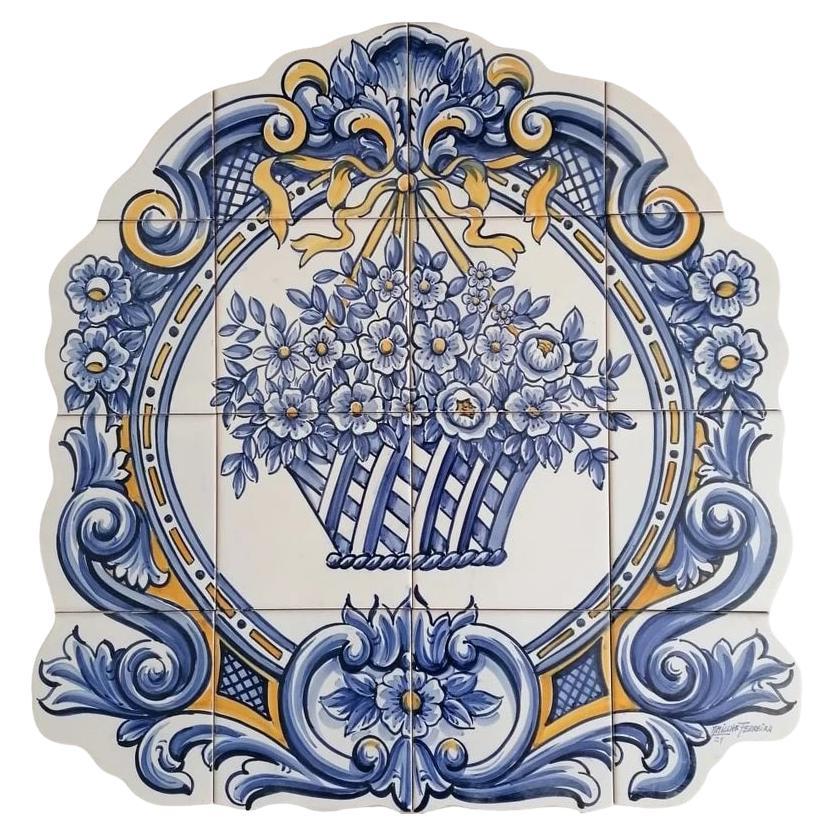 Azulejos Portuguese Hand Painted Tiles "Blue Flower Basket" Signed by ...