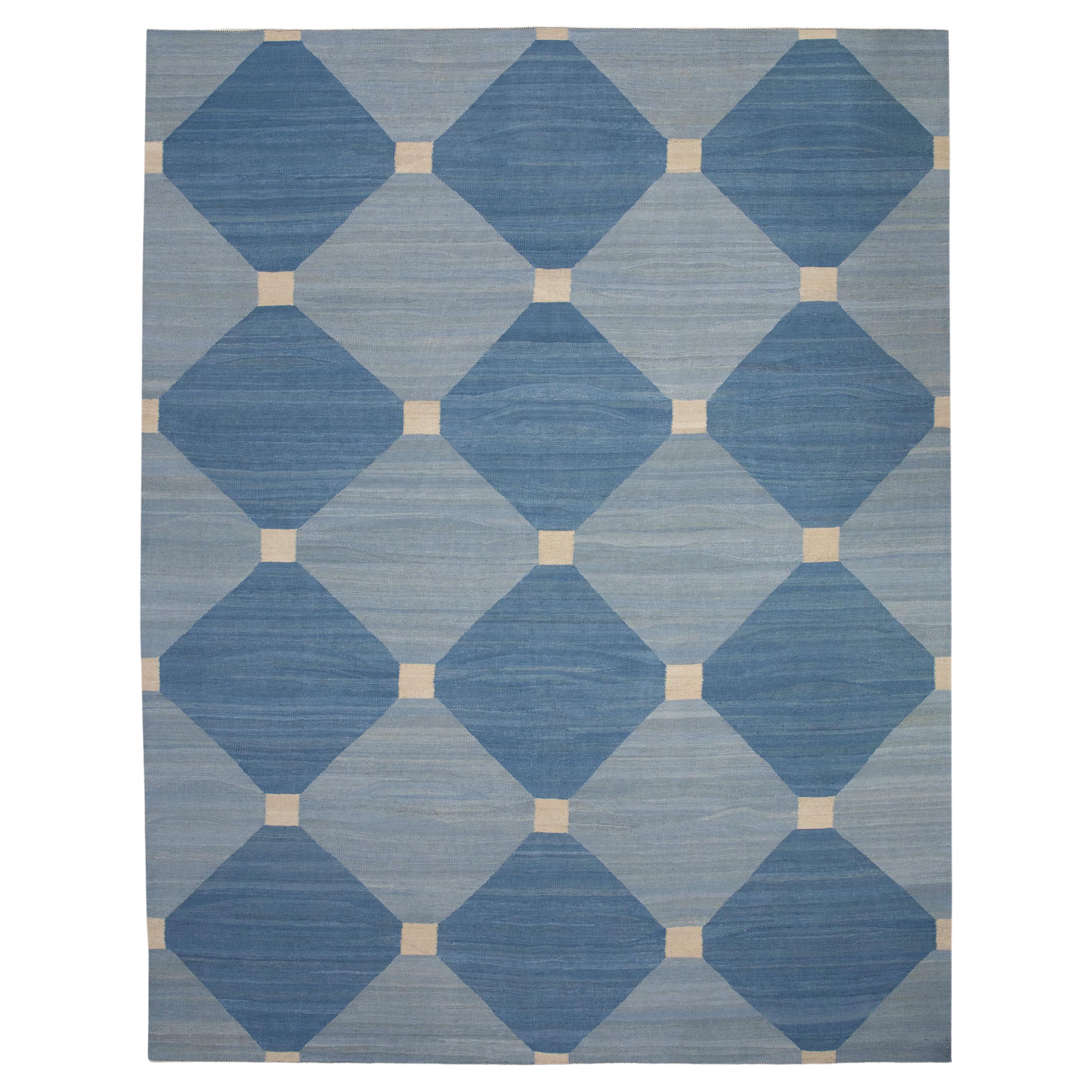 Blue Geometric Design Modern Flatweave Handmade Wool Rug 8'2" x 10'6 ...