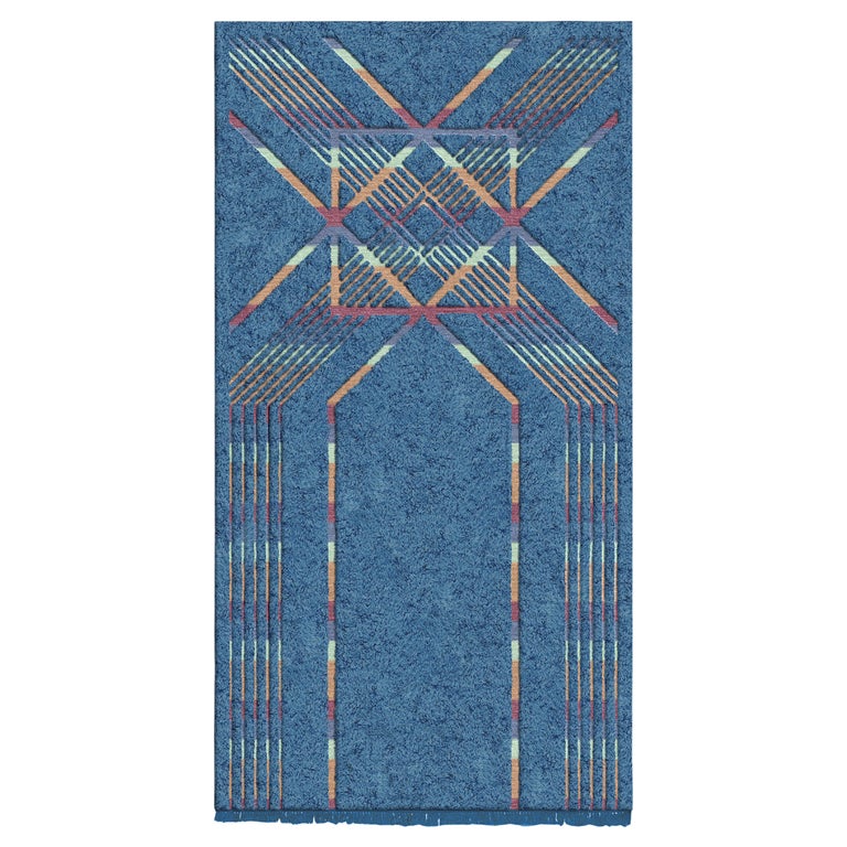 Blue Geometric Pattern High Pile Hand Knotted Wool Rug, Bali Wave, in ...