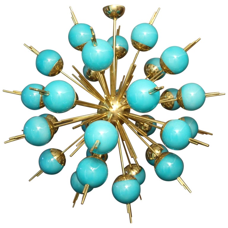 Blue Glass Globes and Brass Sputnik Chandelier at 1stDibs