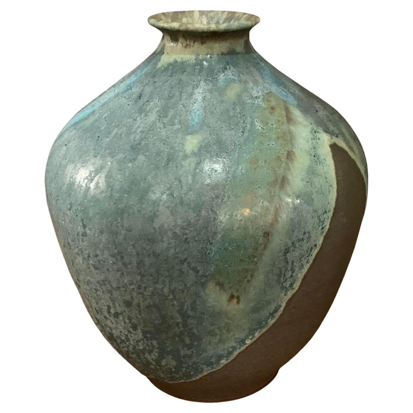 Hand Crafted Glazed Blue Ribbon Handle Vase w/ Natural Textured Base ...